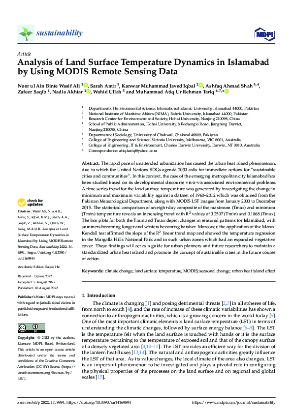 (PDF) Analysis of Land Surface Temperature Dynamics in Islamabad by Using MODIS Remote Sensing Data