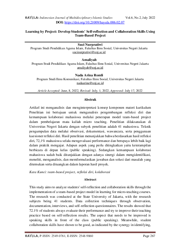 (PDF) Learning by Project: Develop Students' Self-reflection and Collaboration Skills Using Team ...