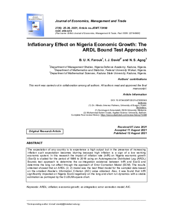 (PDF) Inflationary Effect on Nigeria Economic Growth: The ARDL Bound ...