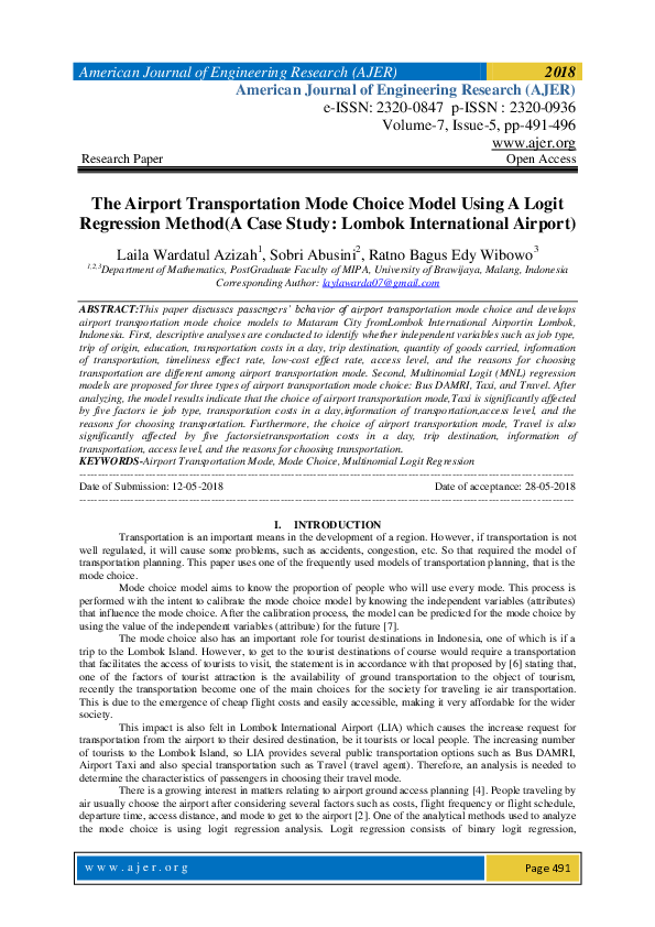 (PDF) The Airport Transportation Mode Choice Model Using A Logit ...