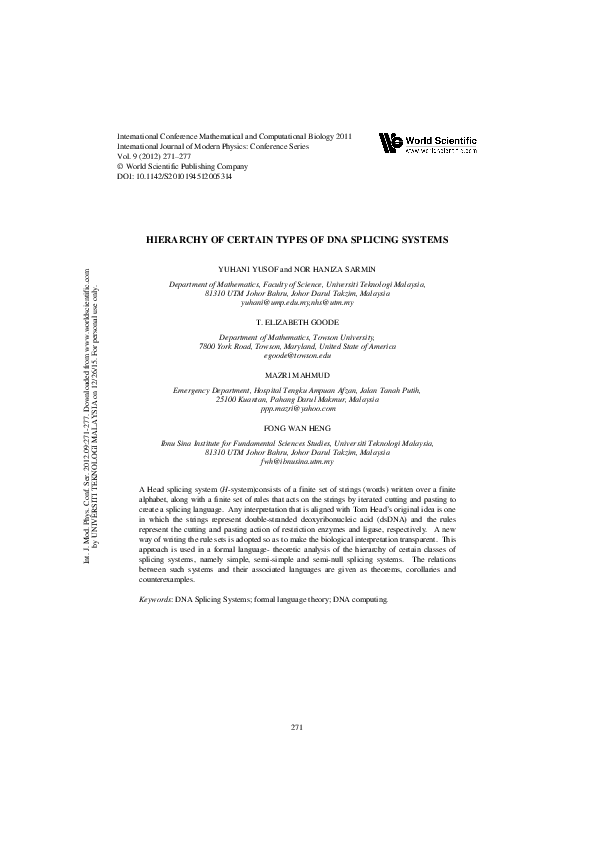(PDF) Hierarchy of Certain Types of Dna Splicing Systems