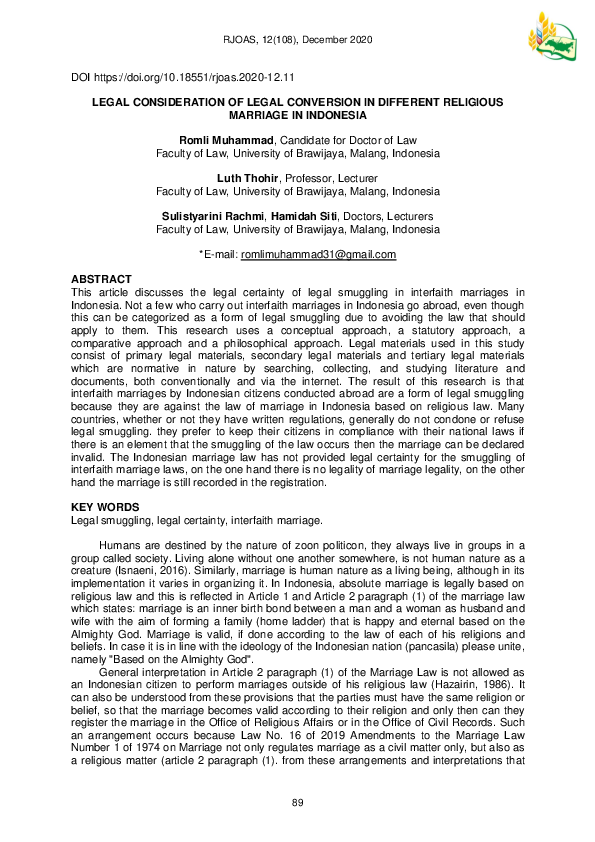 (PDF) Legal Consideration of Legal Conversion in Different Religious ...