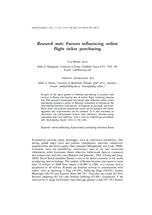 (PDF) Research note : Factors influencing online flight ticket purchasing (PDF) Research note : Factors influencing online flight ticket purchasing