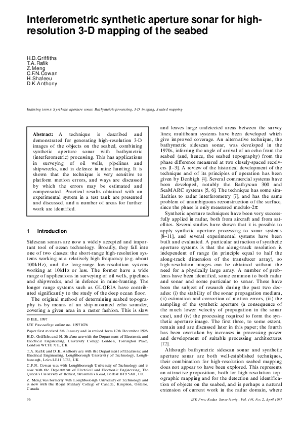 (PDF) Interferometric synthetic aperture sonar for high-resolution 3-D mapping of the seabed