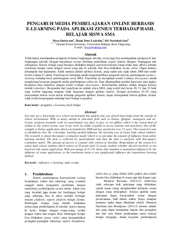 (PDF) Pengaruh Media Pembelajaran Online Berbasis E-Learning Pada Aplikasi Zenius Terhadap Hasil ...