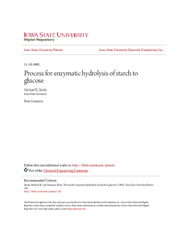 (PDF) 5162210 Process for enzymatic hydrolysis of starch to glucose