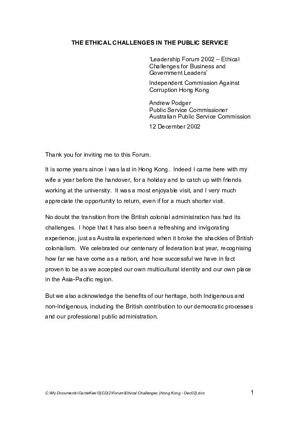 (PDF) The Ethical Challenges in the Public Service | Andrew Podger ...