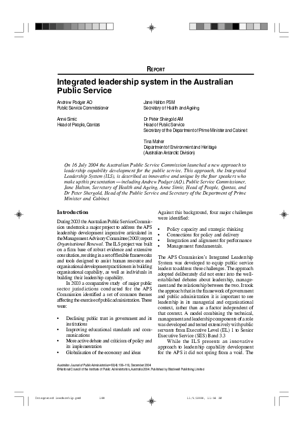(PDF) Integrated leadership system in the Australian Public Service