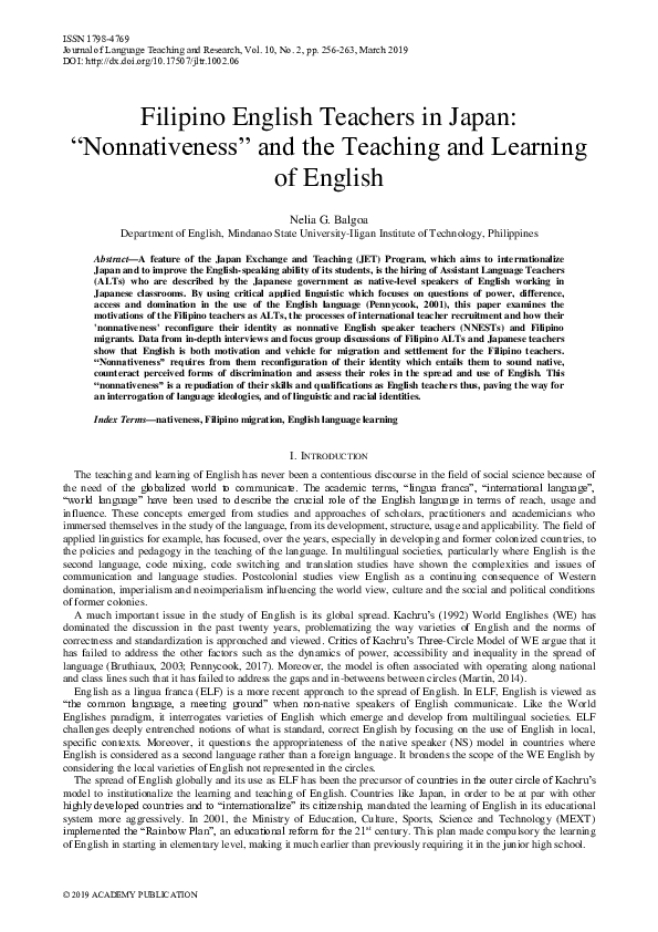(PDF) Filipino English Teachers in Japan: “Nonnativeness” and the ...