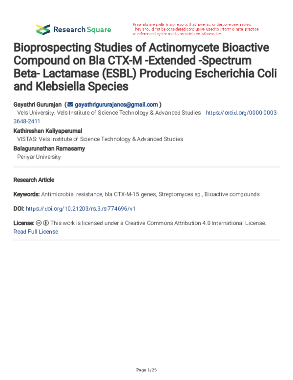 (PDF) Bioprospecting Studies of Actinomycete Bioactive Compound on Bla CTX-M -Extended -Spectrum ...