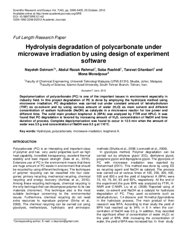 (PDF) Hydrolysis degradation of polycarbonate under microwave irradiation by using design of ...