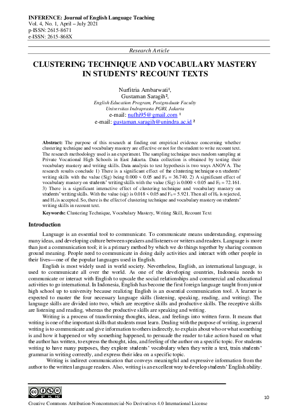 (PDF) Clustering Technique and Vocabulary Mastery Towards Students’ Writing Skill in Recount Text