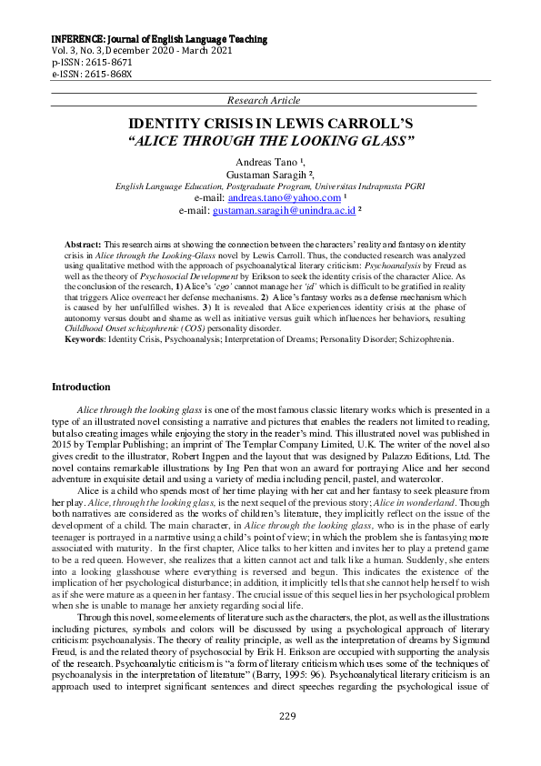 (PDF) Identity Crisis in Lewis Carroll’s “Alice Through the Looking Glass”
