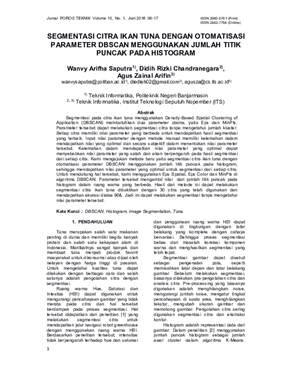 Pdf Segmentasi Citra Ikan Tuna Dengan Otomatisasi Parameter Dbscan