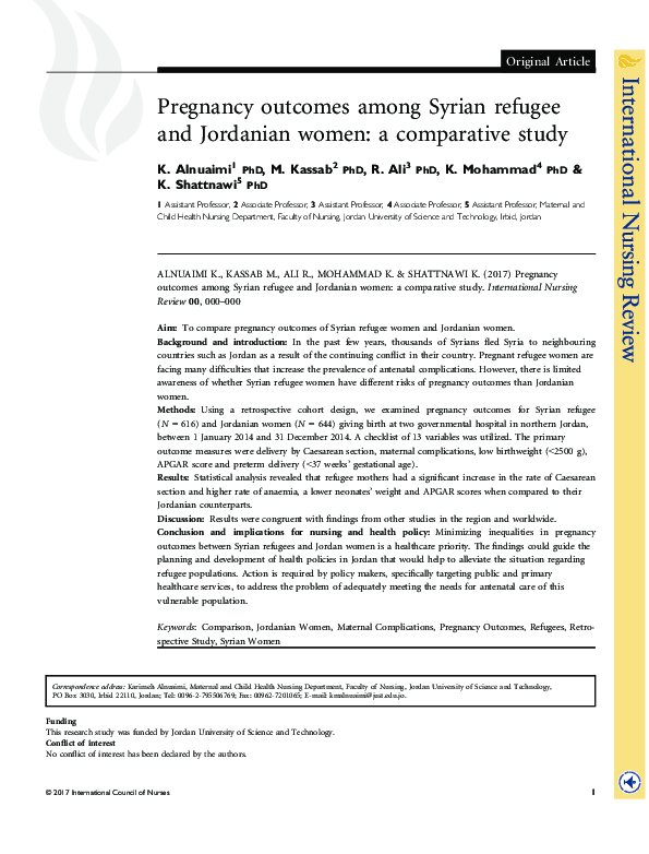 (PDF) Pregnancy outcomes among Syrian refugee and Jordanian women: a ...