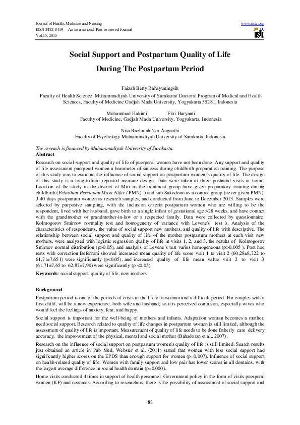 (PDF) Social Support and Postpartum Quality of Life During The ...