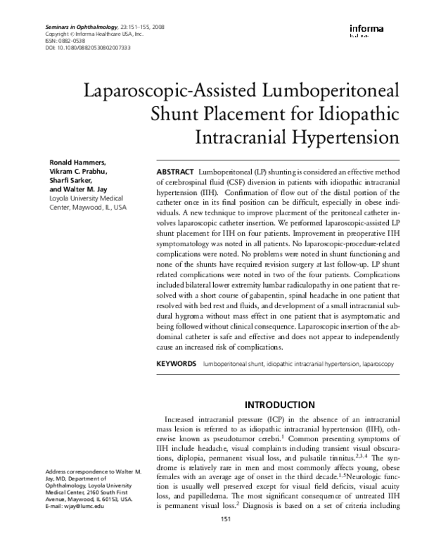 (PDF) Laparoscopic-assisted lumboperitoneal shunt placement for ...