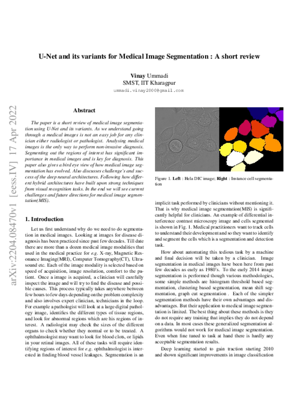 (PDF) U-Net and its variants for Medical Image Segmentation : A short review