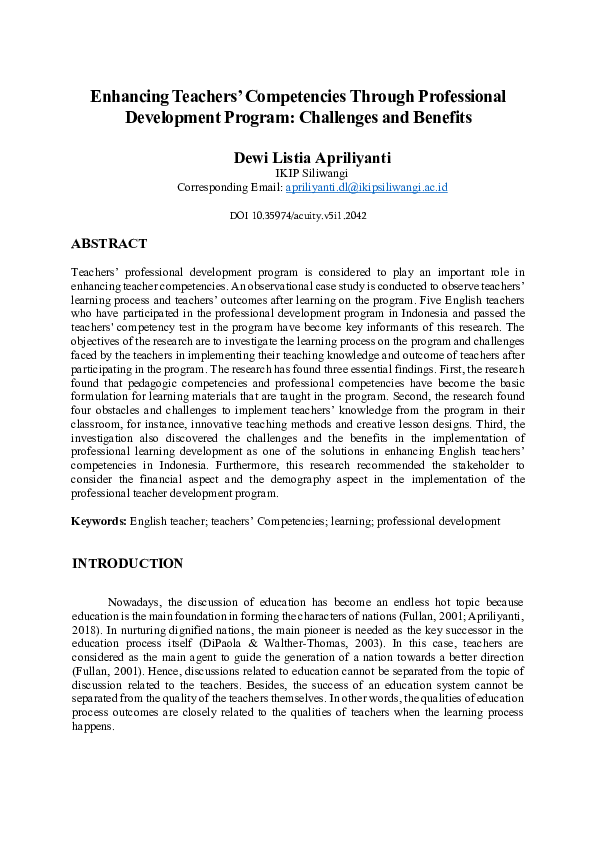 (PDF) Enhancing Teachers’ Competencies through Professional Development Program: Challenges and ...