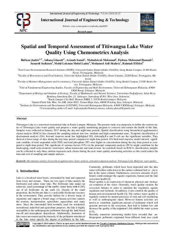 Pdf Spatial And Temporal Assessment Of Titiwangsa Lake Water Quality