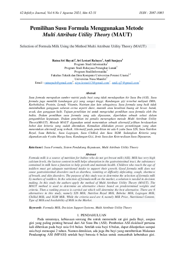 (PDF) Pemilihan Susu Formula Menggunakan Metode Multi Attribute Utility Theory (MAUT) | Andi ...