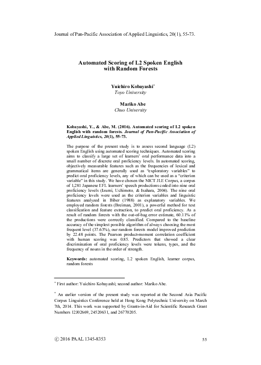 Pdf Automated Scoring Of L2 Spoken English With Random Forests