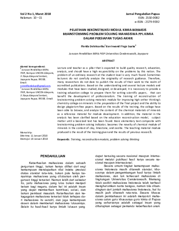 (PDF) Pelatihan Rekonstruksi Modul Kimia Berbasis Brainstorming Problem Solving Mahasiswa PPL ...