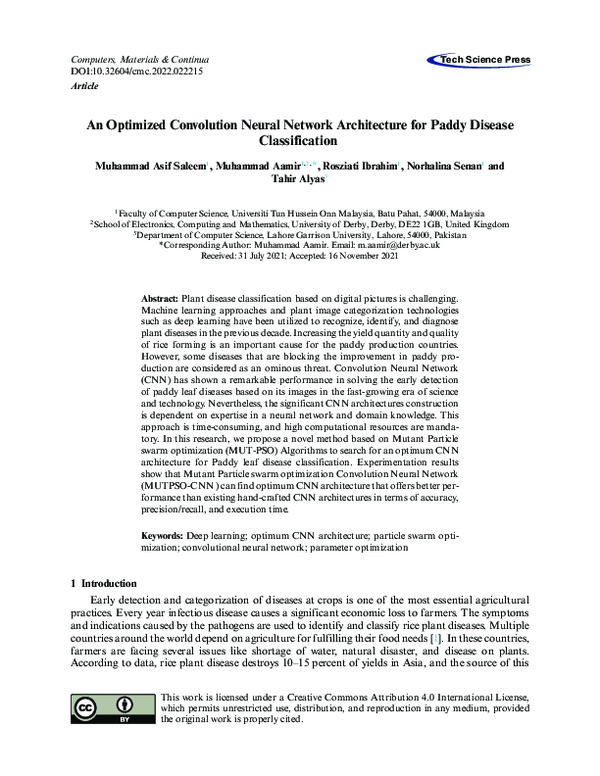 (PDF) An Optimized Convolution Neural Network Architecture for Paddy ...