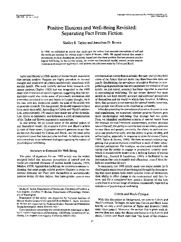 (PDF) Positive illusions and well-being revisited: Separating fiction ...