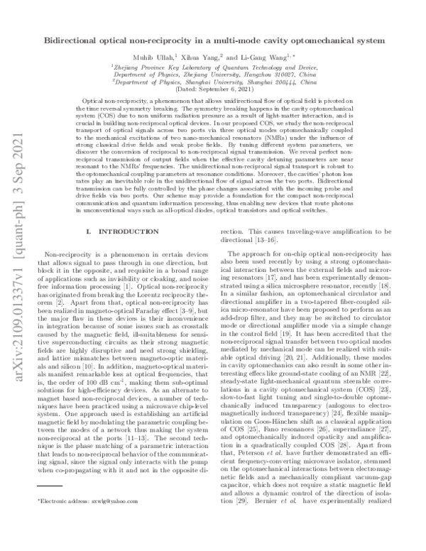 (PDF) Bidirectional optical non-reciprocity in a multi-mode cavity optomechanical system