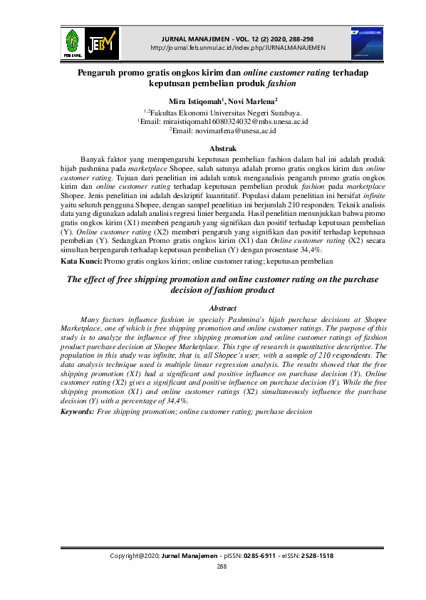 (PDF) Pengaruh promo gratis ongkos kirim danonline customer ratingterhadapkeputusan pembelian ...