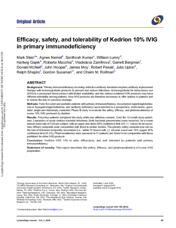 (PDF) Efficacy, safety and tolerability of Kedrion 10% IVIG in primary ...