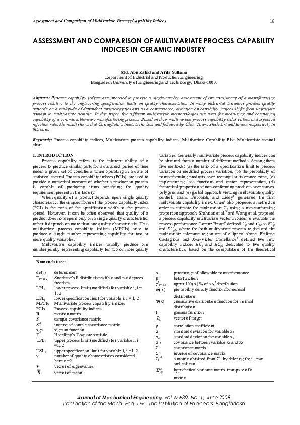 (PDF) Assessment and comparison of multivariate process capability indices in ceramic industry