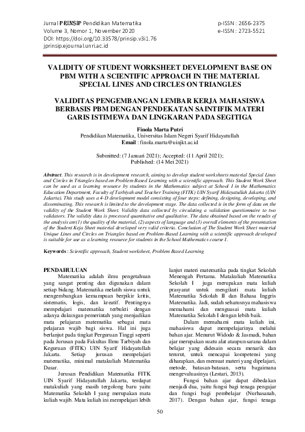 (PDF) Validity of Student Worksheet Development Base on PBM with a Scientific Approach in the ...