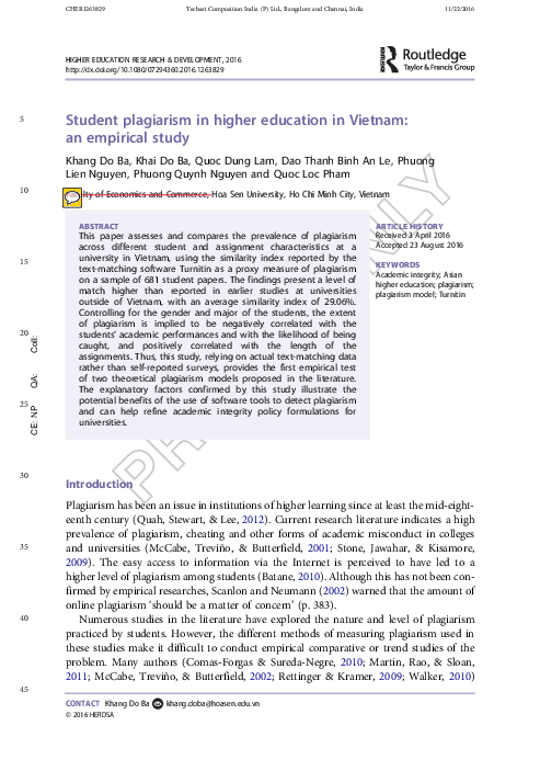 (PDF) Student plagiarism in higher education in Vietnam: an empirical study
