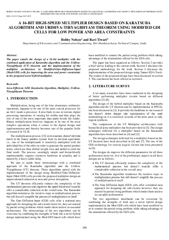 (PDF) A 16-BIT High-Speed Multiplier Design Based on Karatsuba Algorithm and Urdhva-Tiryagbhyam ...