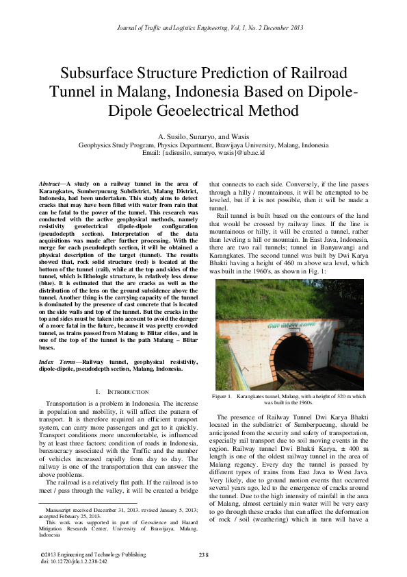 (PDF) Subsurface Structure Prediction of Railroad Tunnel in Malang , Indonesia Based on Dipole ...