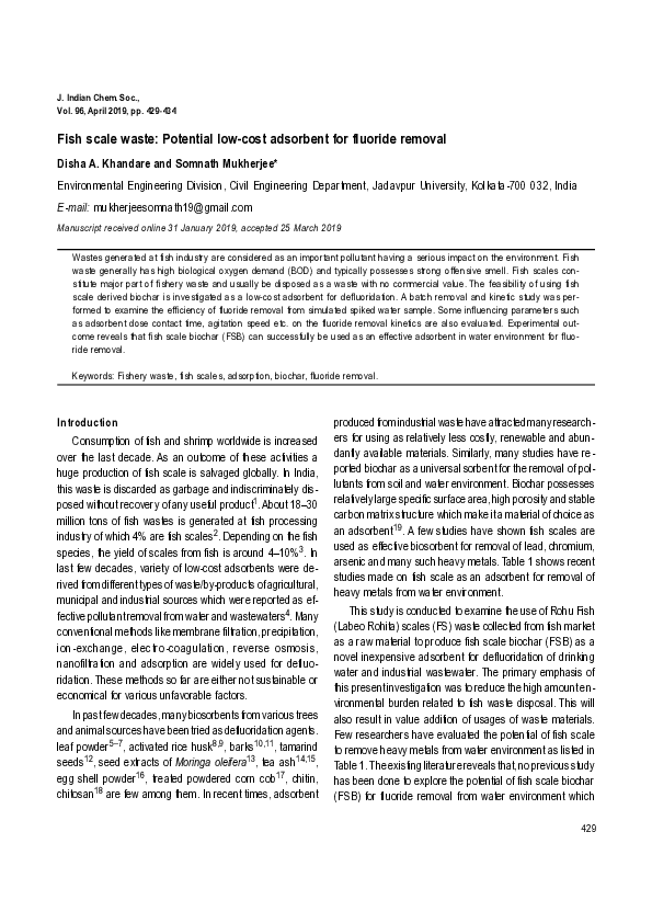 (PDF) Fish scale waste: Potential low-cost adsorbent for fluoride removal