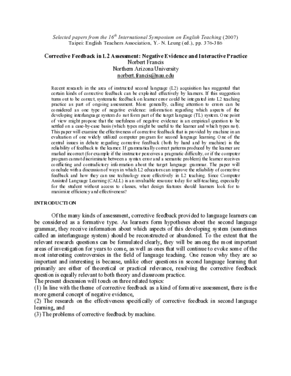 (PDF) Corrective Feedback in L2 Assessment: Negative Evidence and Interactive Practice