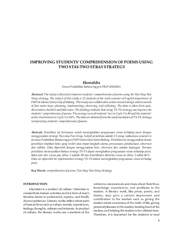 (PDF) Improving Students’ Comprehension of Poems Using Two Stay-Two Stray Strategy