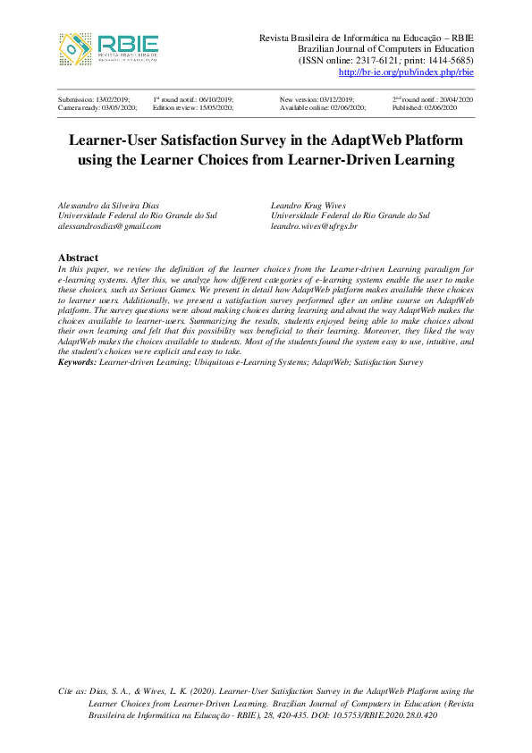 (PDF) Learner-User Satisfaction Survey in the AdaptWeb Platform using the Learner Choices from ...