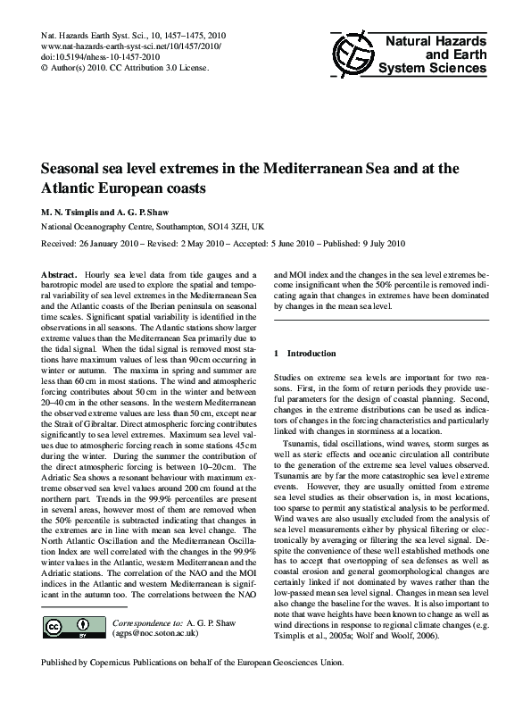 (PDF) Seasonal sea level extremes in the Mediterranean Sea and at the ...