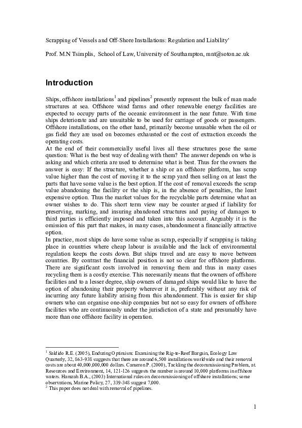 (PDF) Scrapping of vessels and off-shore installations: Regulation and ...