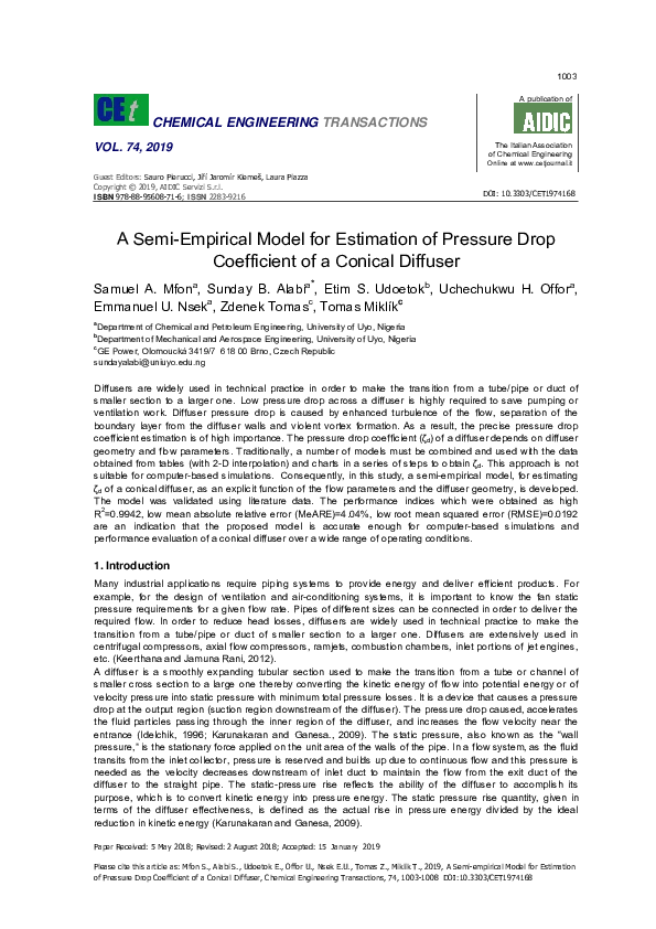 (PDF) A Semi-empirical Model for Estimation of Pressure Drop Coefficient of a Conical Diffuser