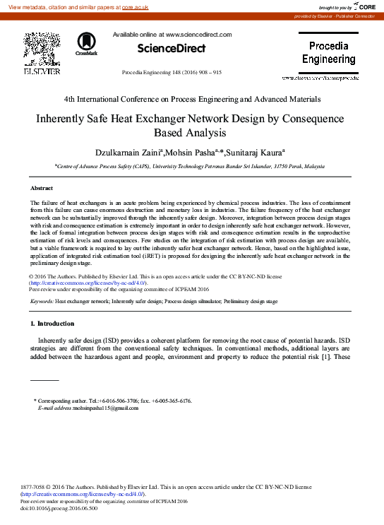 (PDF) Inherently Safe Heat Exchanger Network Design by Consequence Based Analysis