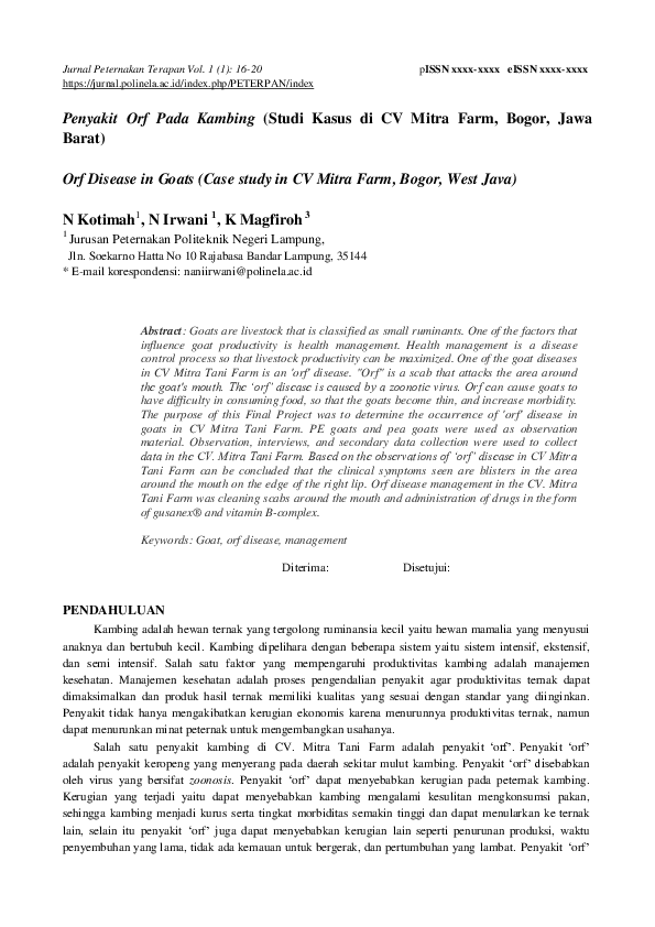 (PDF) Penyakit Orf Pada Kambing (Studi Kasus di CV Mitra Farm, Bogor ...