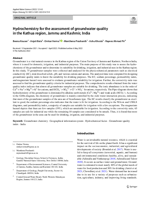 (PDF) Hydrochemistry for the assessment of groundwater quality in the Kathua region, Jammu and ...
