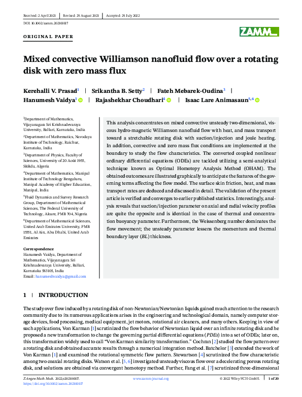 (PDF) Mixed convective Williamson nanofluid flow over a rotating disk with zero mass flux