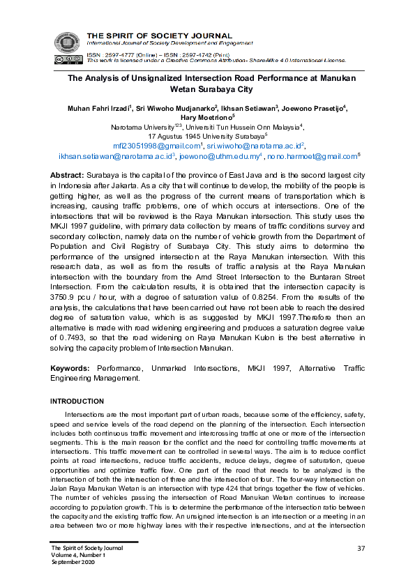 Pdf The Analysis Of Unsignalized Intersection Road Performance At Manukan Wetan Surabaya City