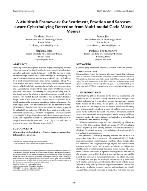 Pdf A Multitask Framework For Sentiment Emotion And Sarcasm Aware Cyberbullying Detection